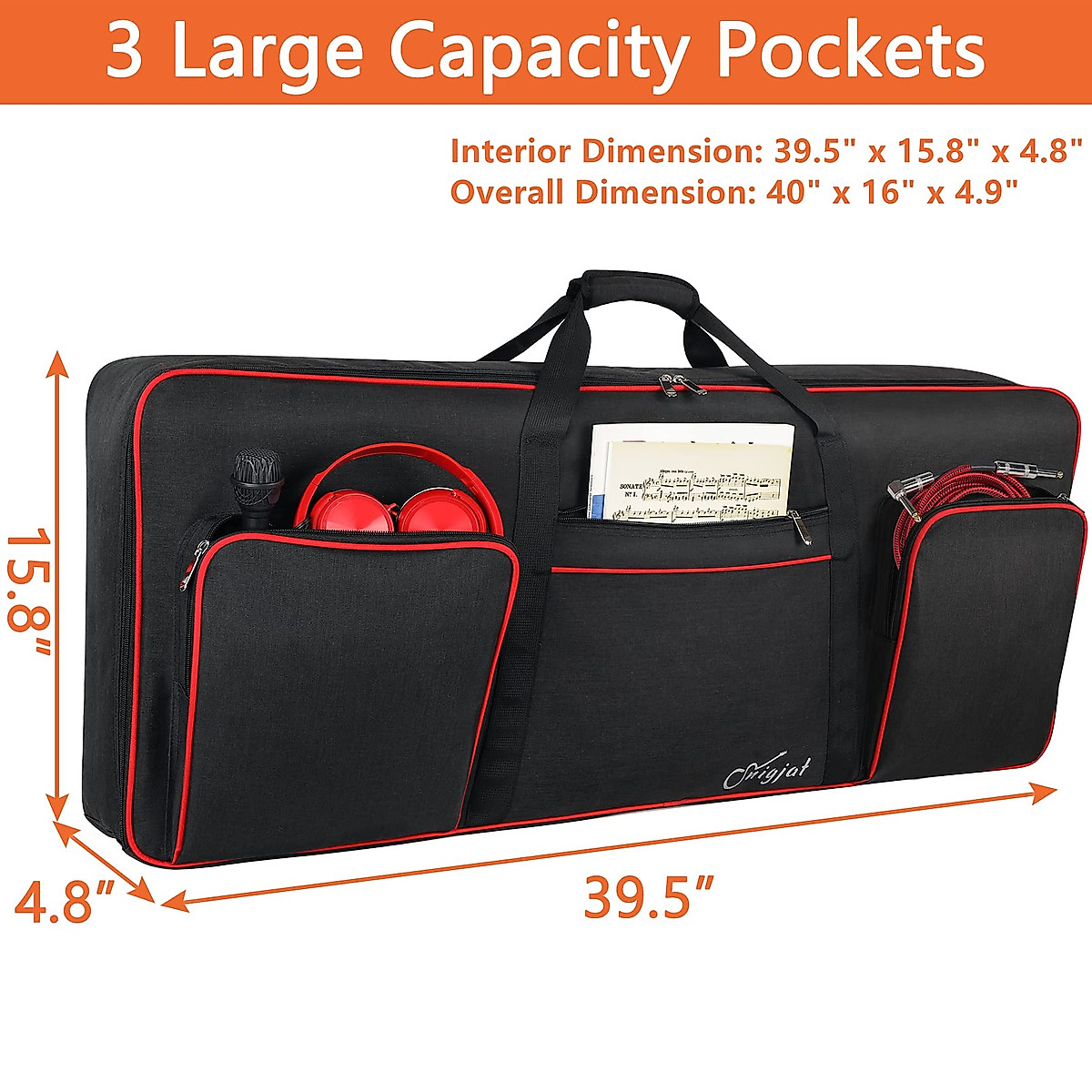 SNIGJAT 61 Key Keyboard Case Soft, Full Padded Piano Case with Handles and Adjustable Shoulder Straps, Waterproof Piano Keyboard Case with 3 Pockets for Accessories (Size: 39.5"x15.8"x4.8")