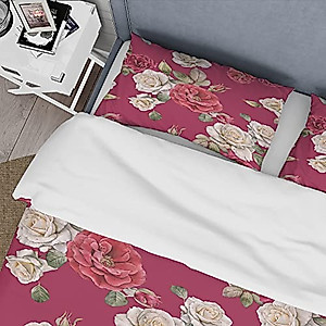 DESIGN ART Designart 'White Roses Pattern On Red Background' Traditional Duvet Cover Set Full - Queen