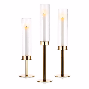 Nuptio Gold Candlestick Holder Tall Hurricane Candle Holder Set of 3 Taper Candle Holders Candle Stand Glass Cover Candlesticks Holders Table Centerpiece for Wedding Party Birthday Christmas Decor