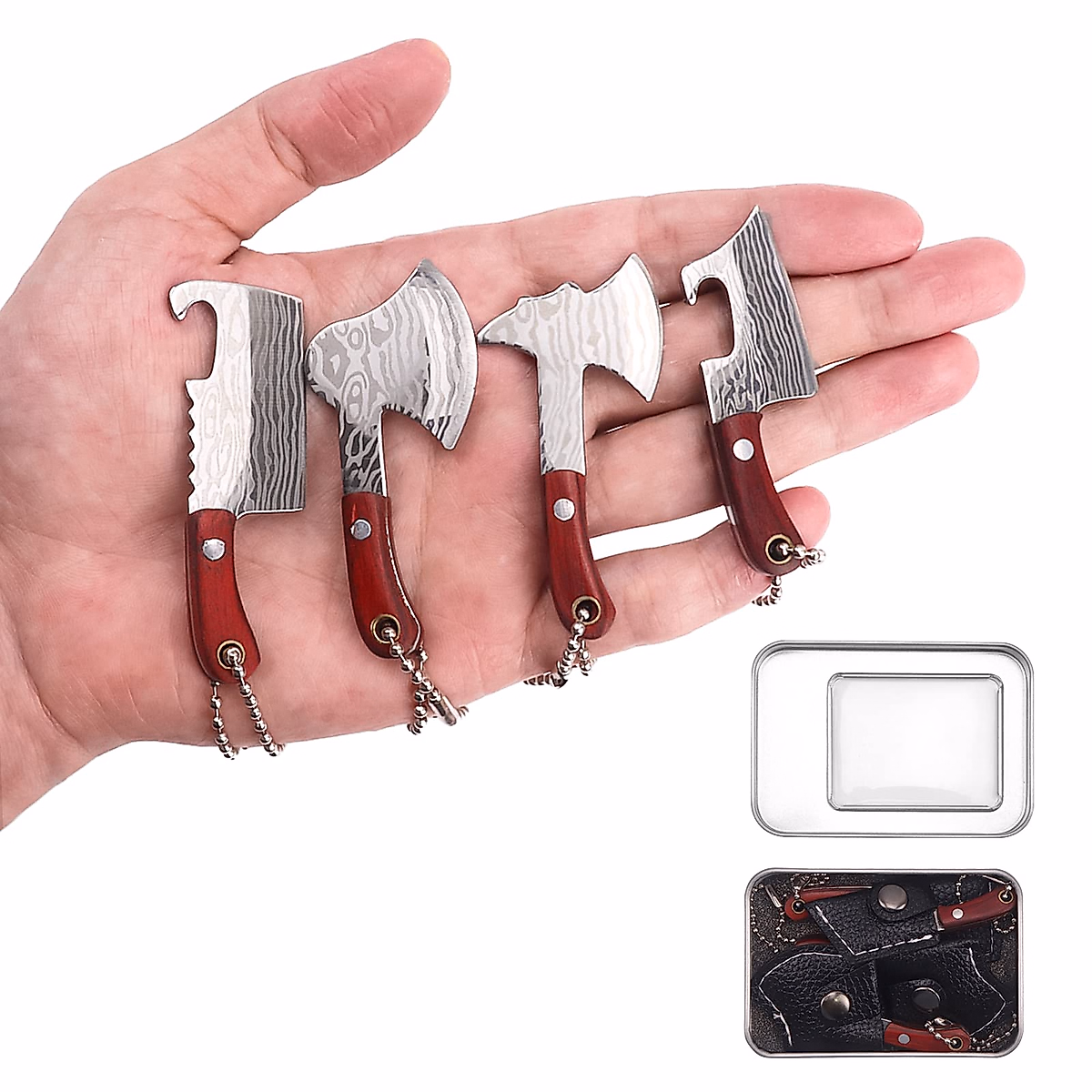 Ruksifg Set of 4 Damascus Mini Knife Set Tiny Knife Mini Chef Knife with Sheath for Box Cutter Bottle Opener