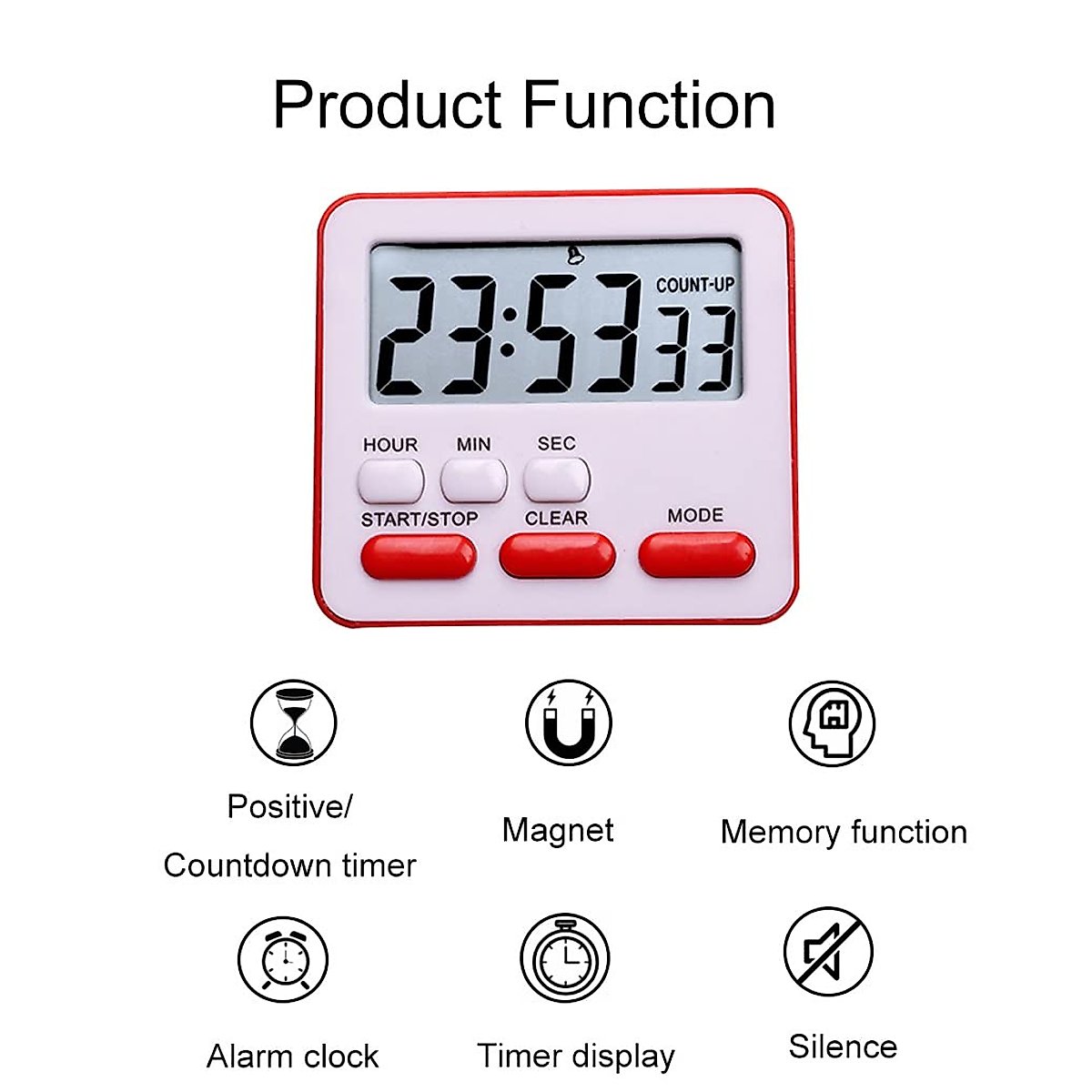 Jeeje Electronic Kitchen Timer, Large Screen with Multifunctional Count up Countdown Alarm Clock Silence Memory Magnetic Suction Snooze Battery Powered for Students Baking