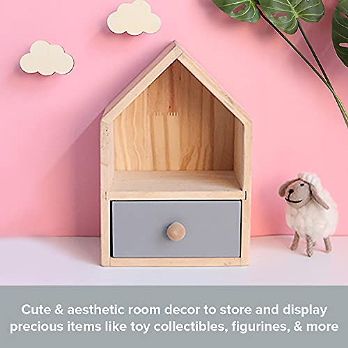 House Shaped Display Shelf with 1 Drawer - Wood Dresser Floating Shelf - Kids Bedroom Furniture - Desk Decor Book Shelf - Nursery Decor - Cute Storage Shelves for Bedroom - 1 Tier 7.9x1.8x11.4 in