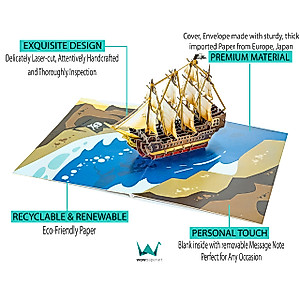 Pirate Ship - 3D Color Pop Up Greeting Card For All Occasions - Love, Birthday, Christmas, Good luck, Father's Day, Adventure, Travel - Message Note for Personalized - Thick Envelope, Fold Flat