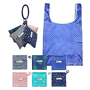 6 Pack of Reusable Grocery Bags with Ring Holder Foldable Machine-Washable Shopping Tote Sturdy Lightweight (Pattern)