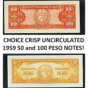 CU 1959 RARE, VIVIDLY COLORFUL CUBA 50 and 100 PESO BILLS! HI DENOMINATION GEMS ISS'D SAME YEAR AS CUBAN REVOLUTION! Choice Crisp Uncirculated