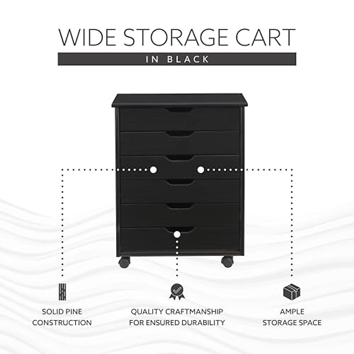 Linon Rolling Storage Corinne Cart, Six Wide Drawers, Black Wide