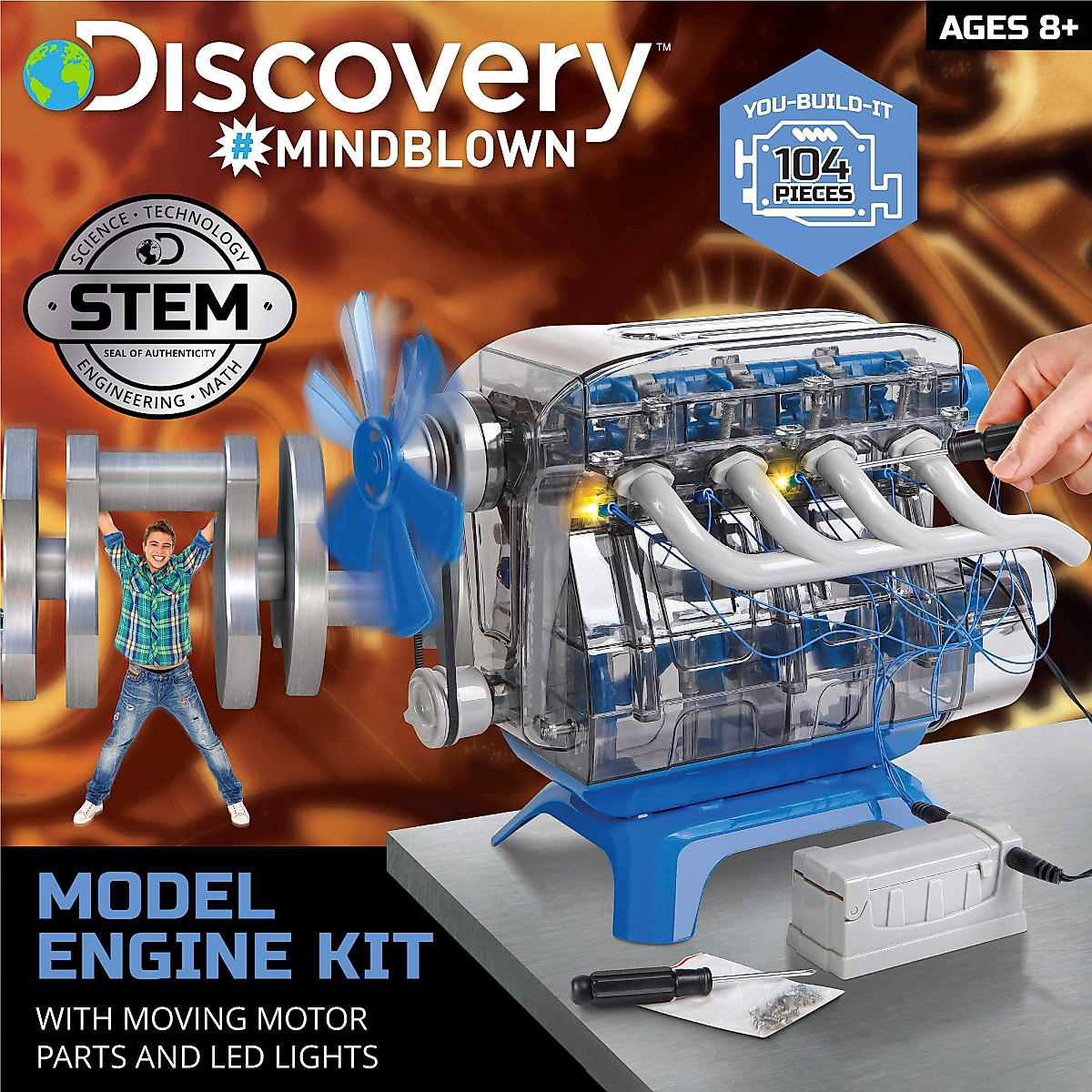 Discovery #MINDBLOWN Model Engine Building Kit, DIY 4-Cylinder Combustion Engine, Working Pistons Fan Valves Belts LED Lights, STEM Mechanic Engineering Construction Experiment Set, Kids & Adults Gift