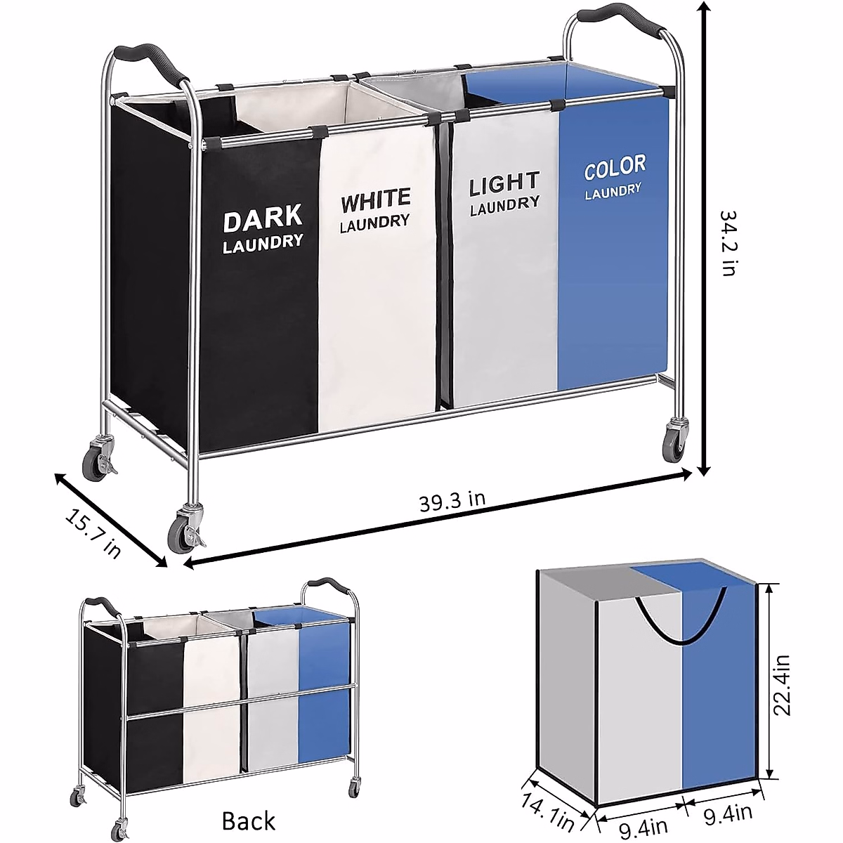 Foldable Laundry Basket Assorted Bags,320L 4 Bag Laundry Sorter Cart 16 X 30 X 40 inch Heavy Duty Laundry Cart with Wheels Laundry Organizer Basket Clothes Separator Hamper