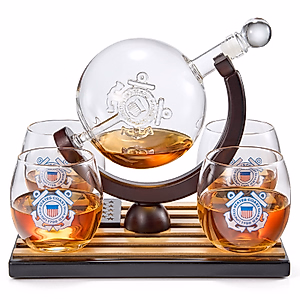 Coastguard Gift Whiskey & Wine Decanter Set & 4 Liquor Glasses - US Coast guard 800 ML Whiskey Decanter & 11 OZ Glass Set with Wood Base - Gifts for Men - Bourbon and Scotch Decanter Military Gifts
