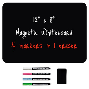 Magnetic Black Dry Erase Board for Fridge: with Bright Neon Chalk Markers - 12x8" - 4 Liquid Blackboard Markers with Magnet - Small Whiteboard Chalkboard for White Refrigerator
