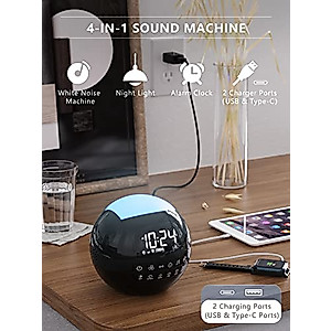 4-in-1 White Noise Sound Machine + Night Light for Kids Baby Adults, 42 Natural Soothing Sounds for Sleeping, Auto-Off Timer, Dual Alarm Clock for Bedroom Office Home, 16 Volume, 2 USB Charger Ports