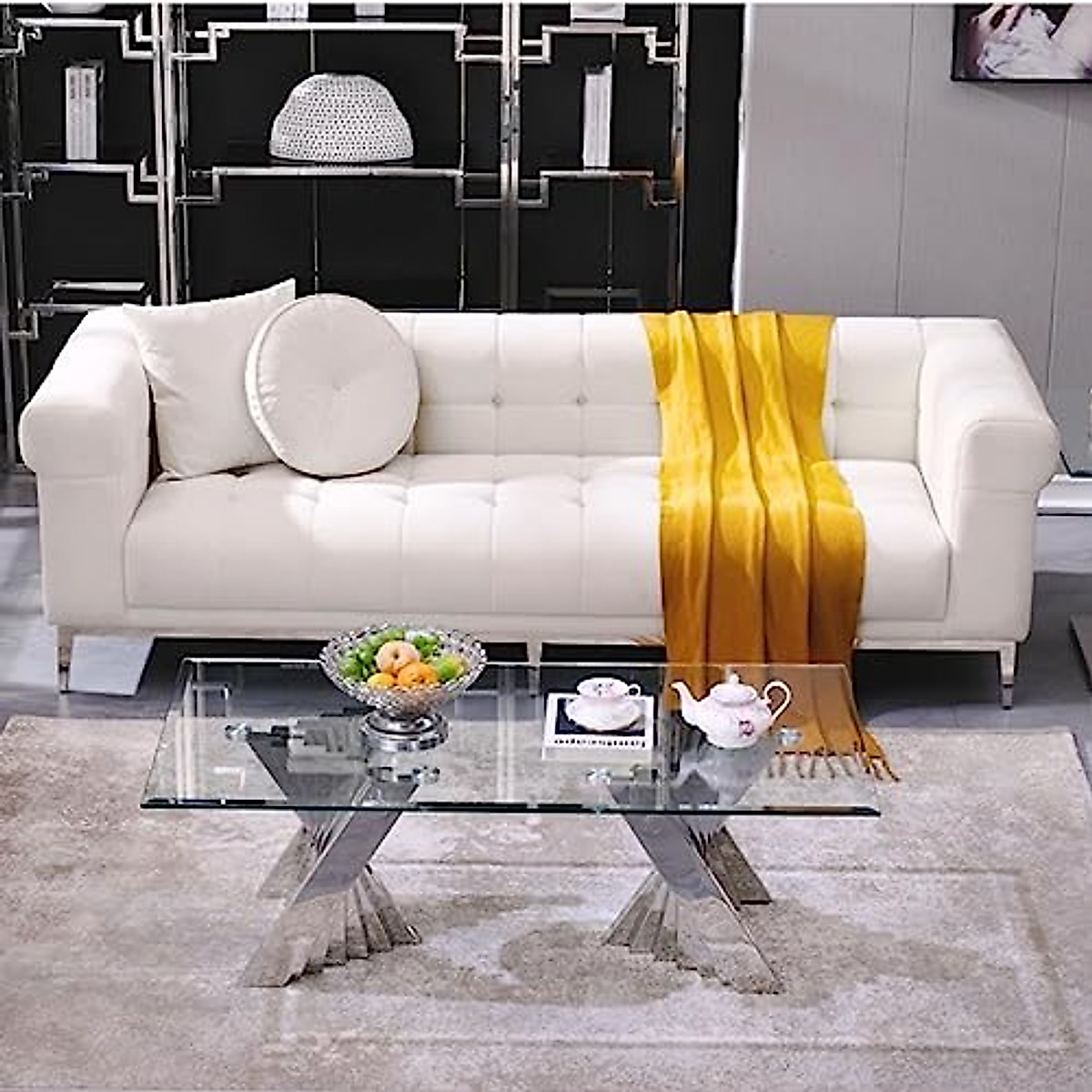 Anewsun Modern Coffee Table, Clear Glass Living Room Coffee Table with Silver Geometric Base