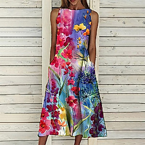 Women Marble Print Summer Tshirt Dress Sleeveless Beach Dress Graphic Long Maxi Tank Dress Casual Resort Clothes with Pockets