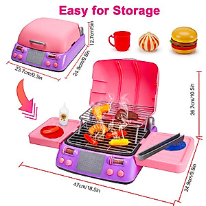 Kids BBQ Grill Playset Kitchen Toy Set with Pretend Smoke Sound Light Toddler Girls Pink Play Food Ages 2-4 3-5 4-8 Indoor Outdoor Cooking Barbecue Toys for 2 3 4 Year Old Girl Birthday Valentine Gift