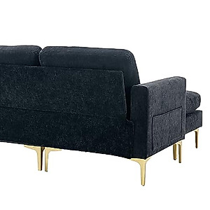 UBGO 110" Large Sofa,Living Room Furniture Sets,U/L-Shape Sectional Chaise Lounge and Convertible Ottoman,Velvet Couches for Apartment,Office (Black)