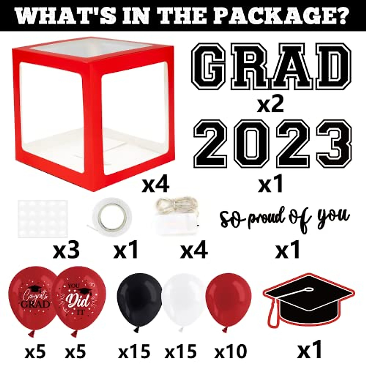 DAZONGE Graduation Party Decorations 2023 - Set of 4 Red Balloon Boxes with 40 Latex Graduation Balloons & 4 Light Strings - So Proud of You Graduation Decorations for Any Grades Ceremony