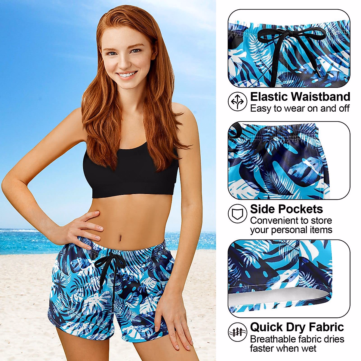 Naanle Women's Beach Shorts with Pockets Tropical Leaves Swim Trunks Board Shorts Swim Shorts Quick Dry Swimwear