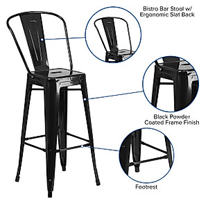 Merrick Lane Dothan Series Bar Height Stool - Black Finish - Metal Frame with Cross Bracing - Convenient Removable Back - Integrated Footrest