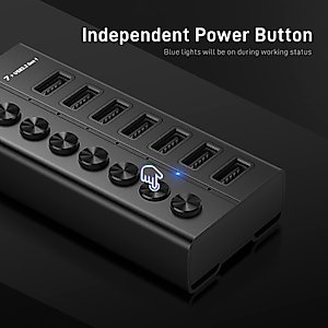 FIDECO Powered 7-Port USB Hub, USB 3.2 Gen 1 Data Hub with Independent On/Off Switch, USB Splitter with USB C to C Cable, USB A to C Cable and 12V 2A Power Adapter