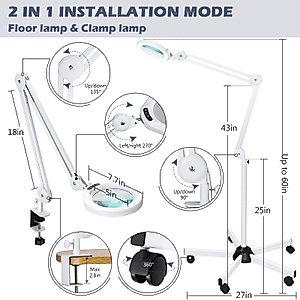 5X Magnifying Glass with Light and Stand, Veemagni 2,200 Lumens Magnifying Floor lamp with 5 Wheels Rolling Base, LED 5 Color Modes, Stepless Dimmable Lighted Magnifier for Esthetician, Facials, Salon