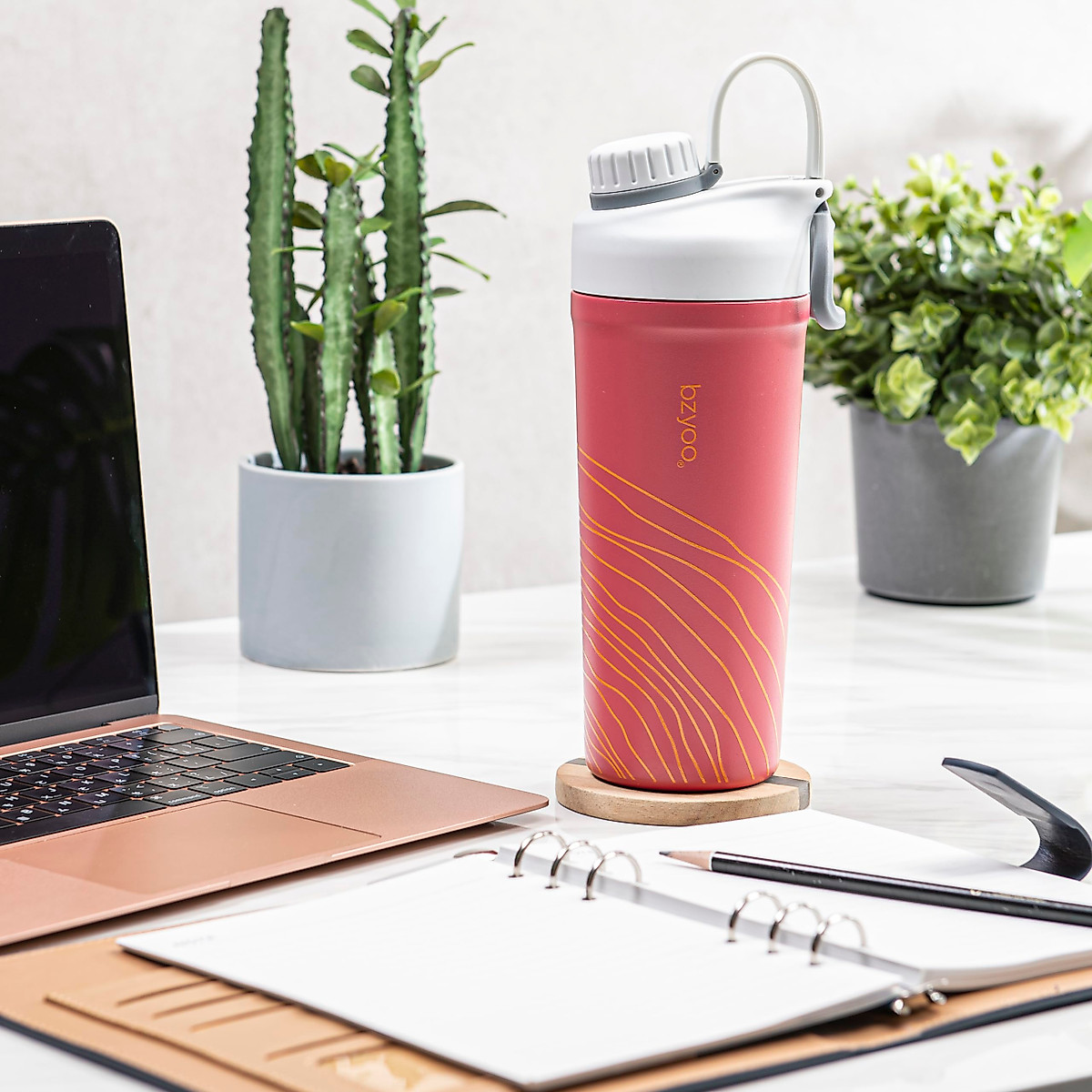 bzyoo 26oz Double-Walled Stainless Steel Insulated Tumbler with Straw Leak Proof Ideal for Smoothies, Ice Tea or Coffee Includes Mixer Ball BPA Free - Organica Red