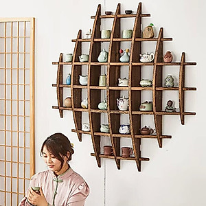 XIMSPHY Solid Wood Chinese Tea Cup Holder, Wall Mounted Teapot Display Stand, Wall Decoration Teaware Shelf Storage Rack for Living Room Kitchen Office Commercial (Dark Walnut, 39x39'')