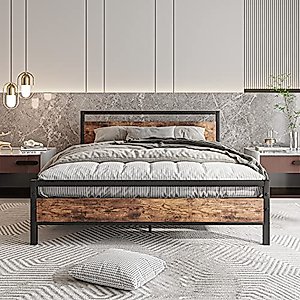HOJINLINERO Queen Bed Frame with Headboard,Metal Platform Bed Frame Queen with Headboard,Mattress Foundation,No Box Spring Needed Under Bed Storage Industrial Steel Slats,Black…