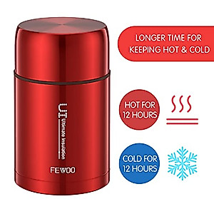 FEWOO Food Jar - 27oz Vacuum Insulated Stainless Steel Lunch Thermos, Leak Proof Soup Containers with bag for Hot or Cold Food (Red)