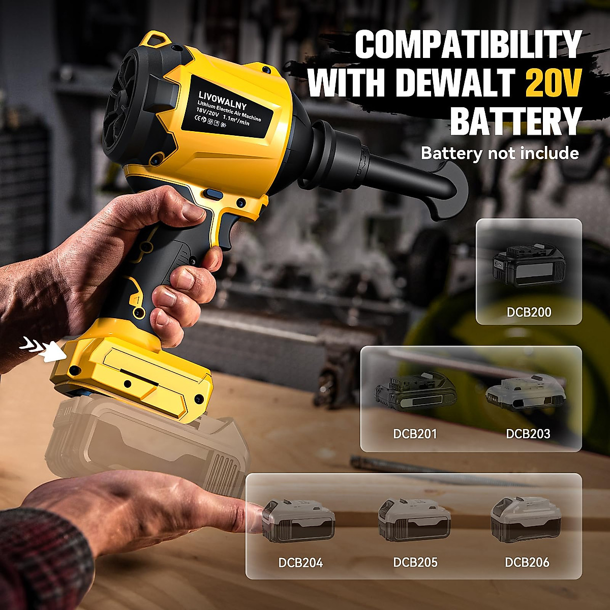 LIVOWALNY Cordless Dewalt 20V Battery Dust Blower, Handheld Blower Sawdust Cleaner 447 MPH/39 CFM for Garages, Sawmill Rooms, Workshops, Home Improvement (No Battery)