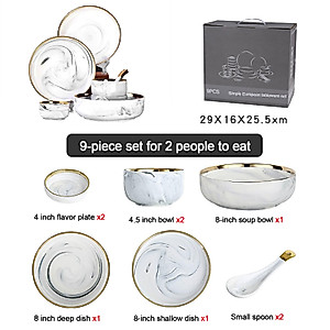 BINTING Steak Dinner Plate Gold Rim Ceramics Dinnerware Set Gold Rim Dinnerware Set European Style Dishes 9-Pieces Sets Gold Edge Marble Pattern Sturdy Tableware