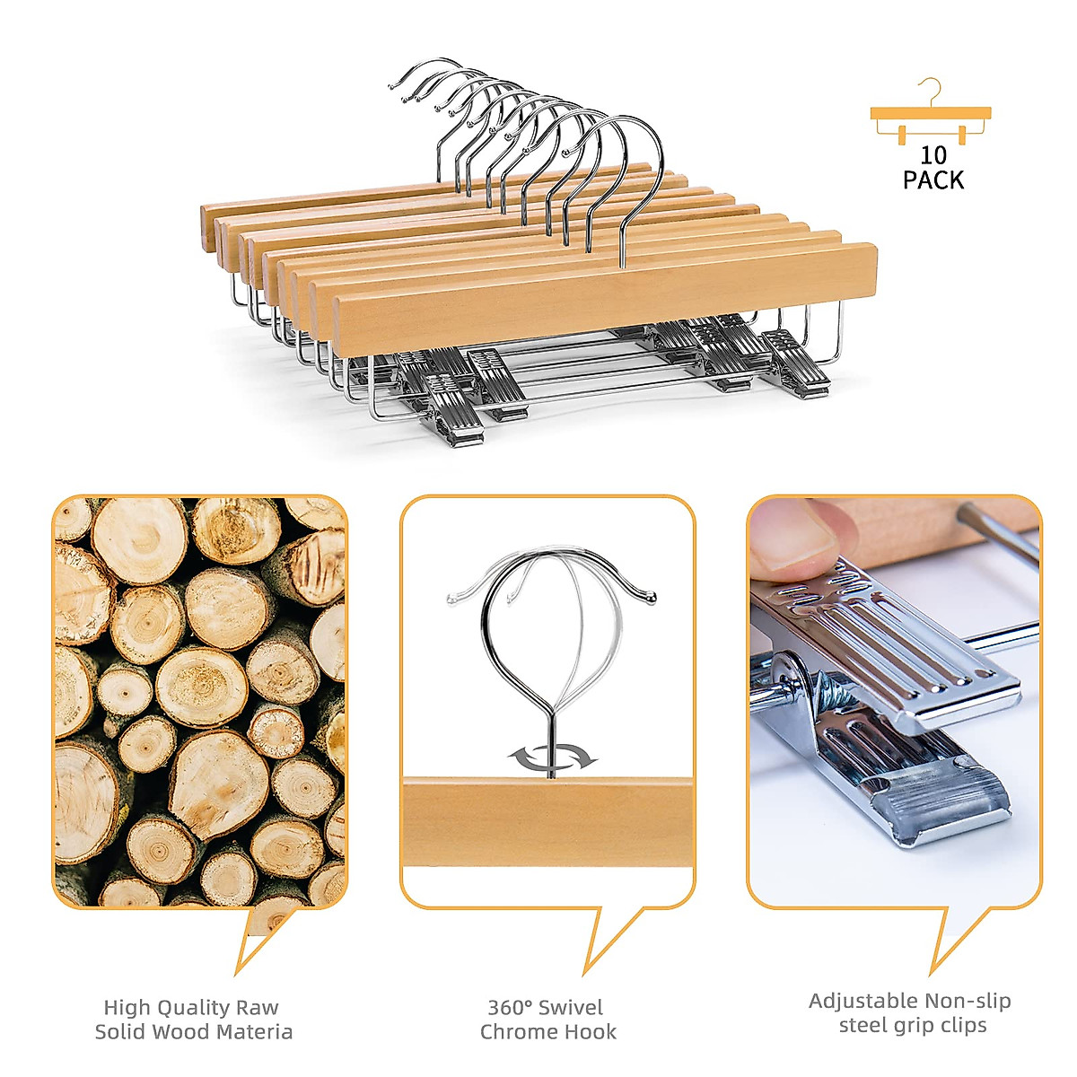 Nature Smile 11.8'' Kids Baby Toddler Children Solid Wooden Pants Hangers,Wood Skirts Hangers,Trousers Bottom Hangers with 2-Adjustable Clips Anti-Rust Hook Pack of 10 (Natural)