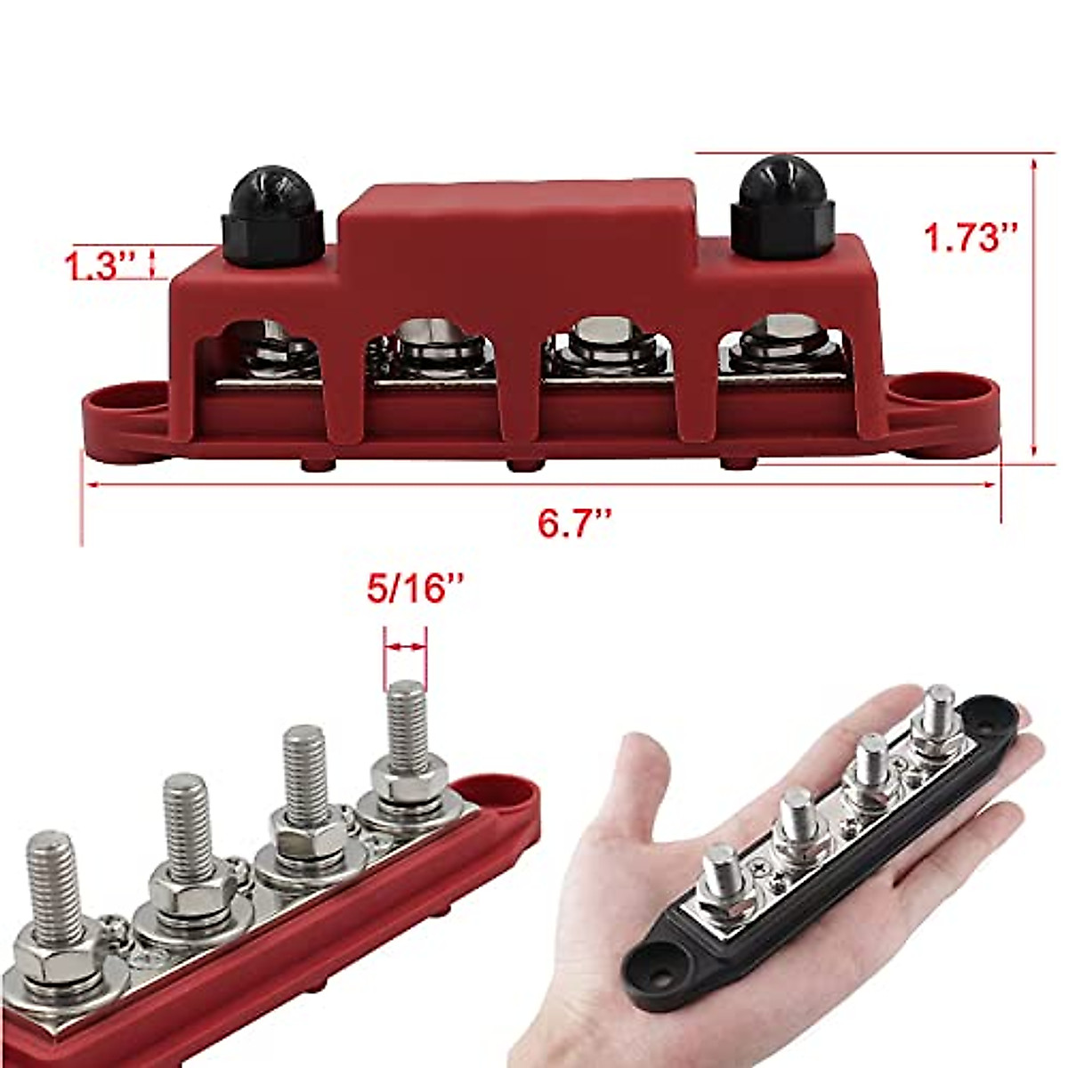 Heart Horse Power Distribution Block Bus Bar 5/16'' Terminal Stud 4 Post with Cover 250 Amp Rating for Marine Automotive and Solar Wiring RV Boat (250A, 5/16'', Red+Black)