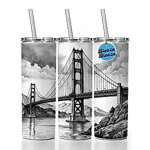 Sketch Of Golden Gate Bridge San Francisco California Skinny Tumbler 20oz with Straw Insulated Water Bottle Gift