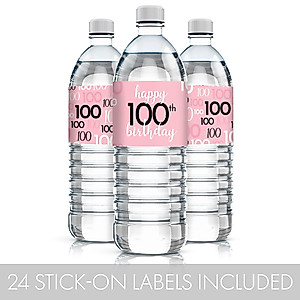 Pink, Black, and White 100th Birthday Party Water Bottle Labels - 24 Waterproof Wrappers - Pink Birthday Decorations for Women