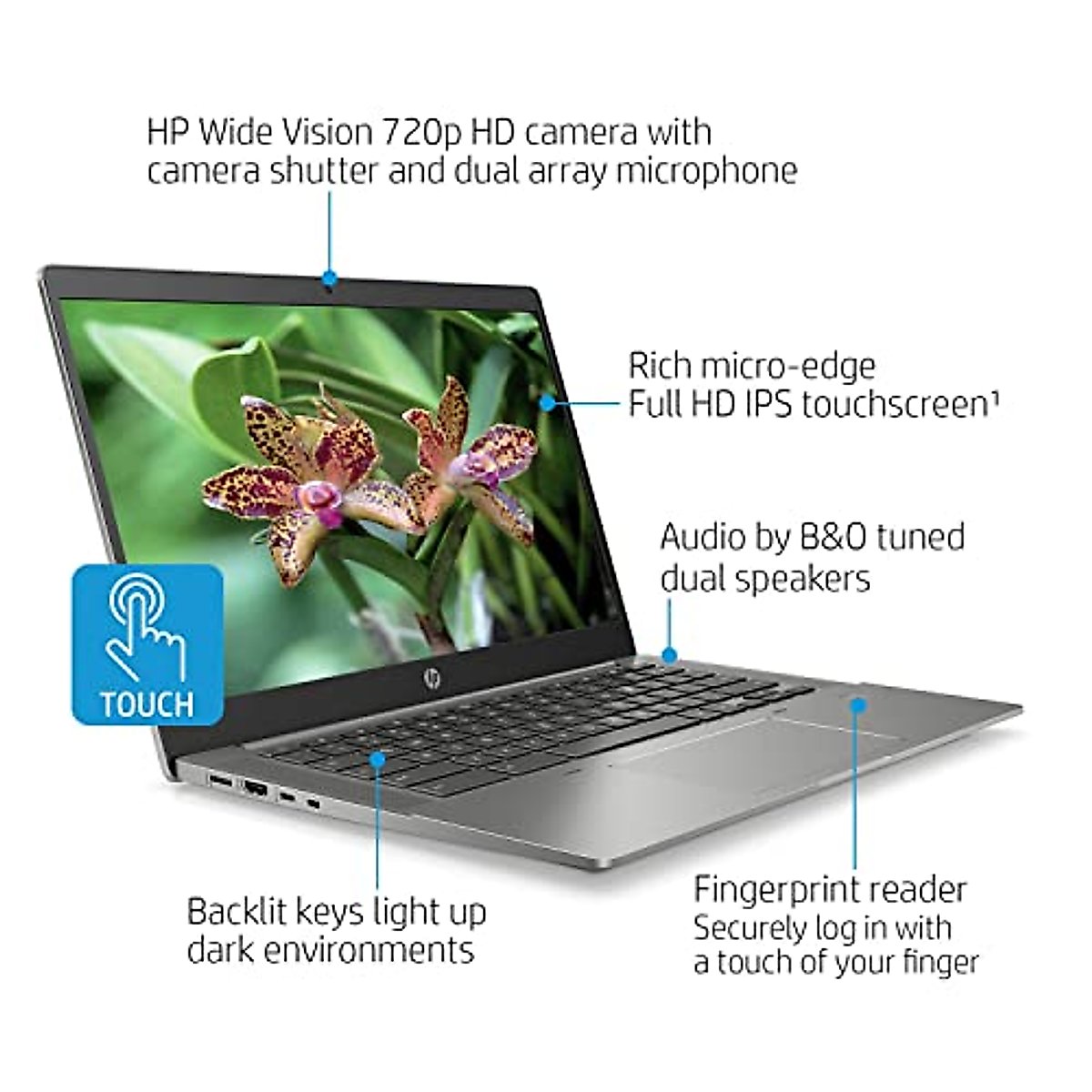 HP Newest Chromebook Laptop, 14" FHD Touchscreen, AMD Athlon Silver 3050C Processor, 4GB RAM, 64GB eMMC Storage, Webcam, Fingerprint Reader, Wi-Fi 6, Bluetooth, Chrome OS, Mineral Silver
