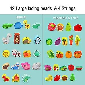 Montessori Educational Wooden Lacing Beads Toys for Toddler 3 4 5 Year Old, Farm Animals Fruits Vegetables Threading Toys Preschool Stringing Fine Motor Skills Toy for Boys Girls [with 3D Stickers]