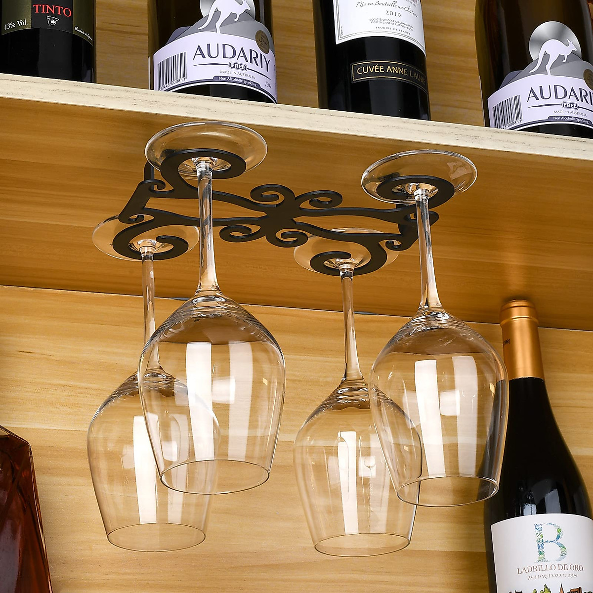 MANLUYEE SNKINE Hanging Wine Glass Rack - Butterfly Stemware Racks Under Cabinet Wine Glasses Holder Shelf Black Iron 7.87" Storage Hanger for Bar Kitchen (1 Packs)