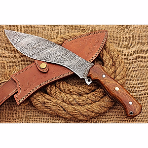 HUNTEX Handmade Hand-Forged Twist Pattern Damascus Steel 15 Inch Long Full Tang Natural Walnut Wood Handle Razor Sharp Hunting Camping Kukri Knife w/Genuine Leather Sheath