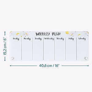 Navaris Weekly Whiteboard Planner - Small Dry Erase Glass Whiteboard to Do Calendar for Office Desk Dry Erase Schedule Board - 16 x 6 Inches - Flowers