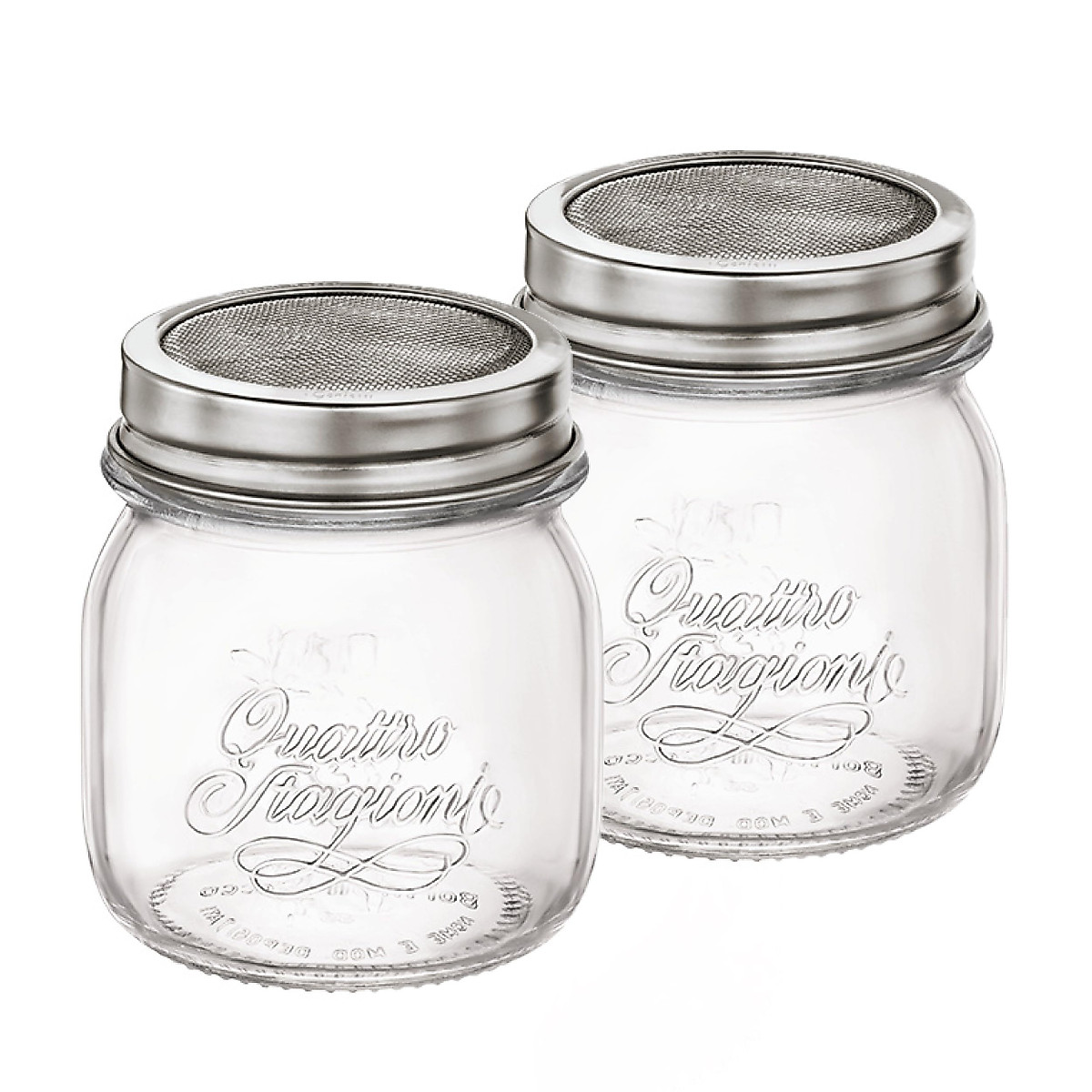 Bormioli Rocco Quattro Stagioni Set Of 2 Mason Jars, Stainless Steel Mesh Lid Sprouting Strainer - Sifter - Sieve Lid, 8.5 Oz. Durable Glass, Made In Italy.