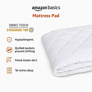 Amazon Basics Hypoallergenic Quilted Mattress Topper Pad Cover - 18 Inch Deep, Twin XL, White