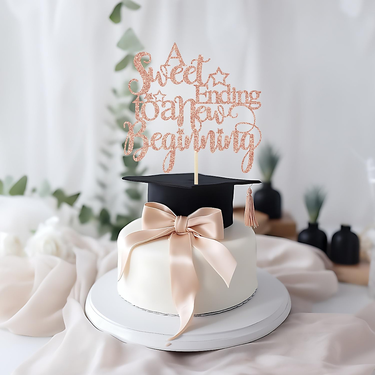 A Sweet Ending to A New Beginning Cake Topper, Congrats Grad 2025, Graduation/Wedding/Retirement Party Decorations, Rose Gold Glitter