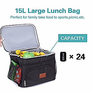 Large Cooler Bag Insulated Lunch Bag Reusable Soft Cooling Tote Bag for Men & Women with 24-Can (15L)(Black)