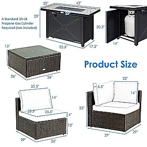 LHLLHL 6PCS Patio Furniture Set Rattan Cushioned Gas Fire Pit Table Beige