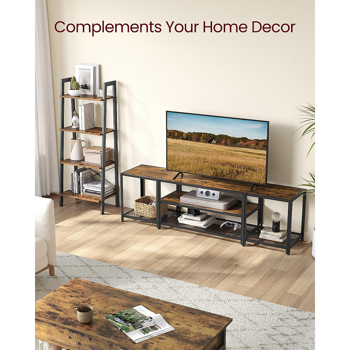 VASAGLE Modern TV Stand for TVs up to 75 Inches, 3-Tier Entertainment Center, Industrial TV Console Table with Open Storage Shelves, for Living Room, Bedroom, Rustic Brown and Black ULTV098B01