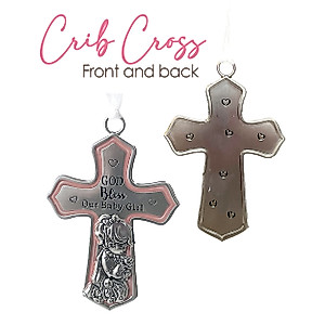 Ornate Crib Cross Decor with Ribbon Baby Girl for Baptism, Christening, Baby Shower "God Bless Our Baby Girl"