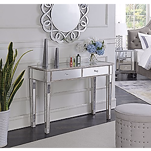 Convenience Concepts Gold Coast Mirrored Desk 42" - Console Table with 2 Drawers for Storage in Living Room, Office, Weathered White/Mirror