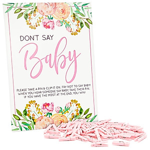 Sparkle and Bash Floral Baby Shower Clothespin Game For Girl, Don't Say Baby Theme with 60 Pink Clothes Pins and 8x10-Inch Sign