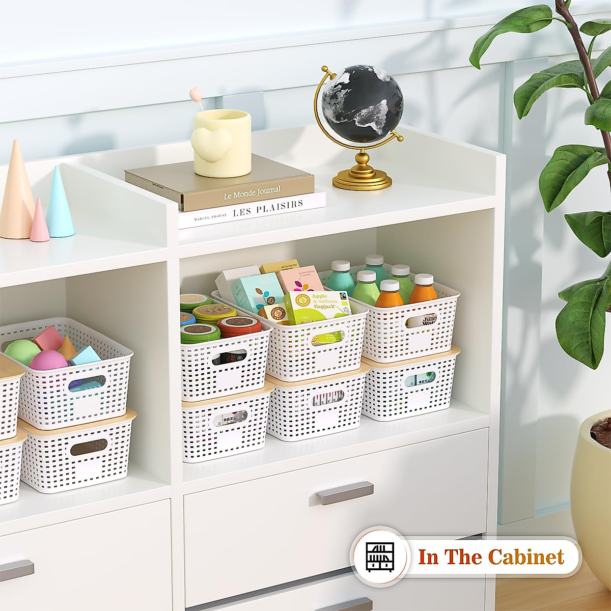 Plastic Storage Baskets With Bamboo Lid - Plastic Storage Containers Stackable Storage bins: Storage Baskets for Organizing Shelves Drawers Desktop Closet Playroom Classroom Office, 6 Pack