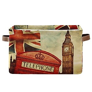 AUUXVA London UK Flag Telephone Booth Storage Bins Basket, Big Ben Union Jack Collapsible Storage Cube Rectangle Storage Box with Handles for Shelf Closet Nursery Bedroom Home Office 2 Pack